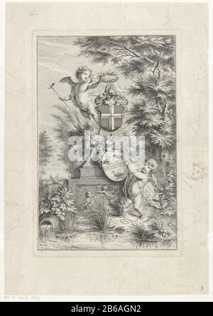 Three putti with a helmeted coat of arms, Three putti with a helmeted ...