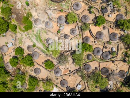 Aerial view of a traditional Lotuko tribe village in the mountain ...