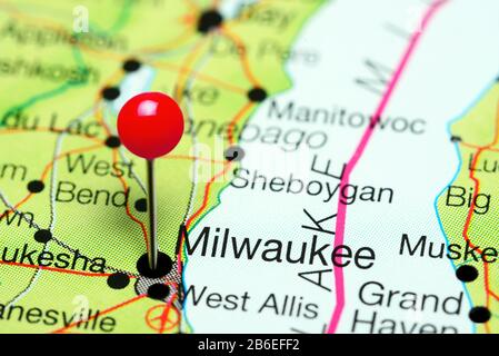Milwaukee map. Close up of Milwaukee map with red pin. Map with red pin ...