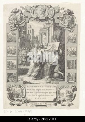 Cartouche with a weapon trophy in a frame of rolling work, above two ...