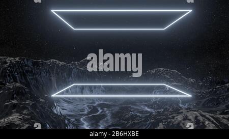 Glowing rectangle, mountains and night starry sky Stock Photo - Alamy
