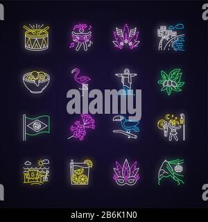Brazilian culture neon light icons set. Traditional masquerade ...