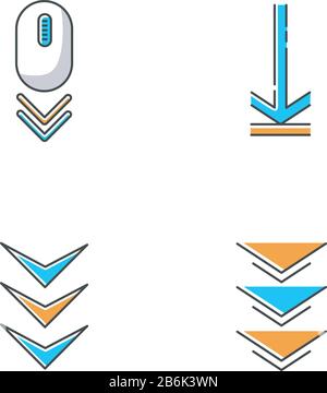 Scrolling down and uploading indicators flat design cartoon RGB color icons set. Computer mouse ...