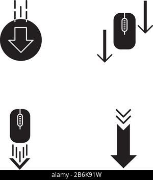 Scrolling down and uploading indicators black glyph icons set on white space. Arrows interface ...