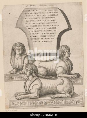 Drie sfinxen, anonymous, 1500 - 1599 print Three sphinxes and a stone ...