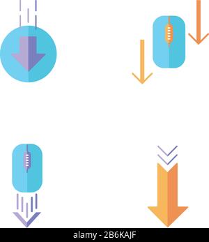 Scrolling down and uploading indicators flat design cartoon RGB color icons set. Computer mouse ...
