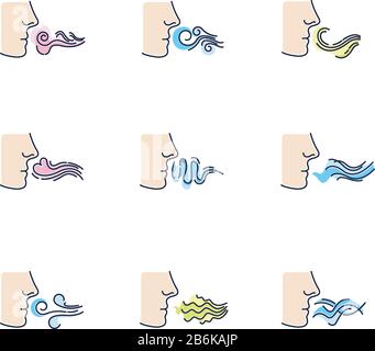 Nose smelling scent RGB color icons set. Good and bad odor. Stinking ...