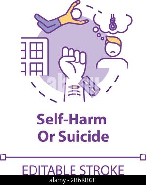 Self-harm linear icon. Cut hand with razor blade. Mental disorder. Hurt ...