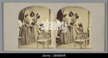 Three women pin each other's dresses, 1857 - 1863 stereograph paper ...