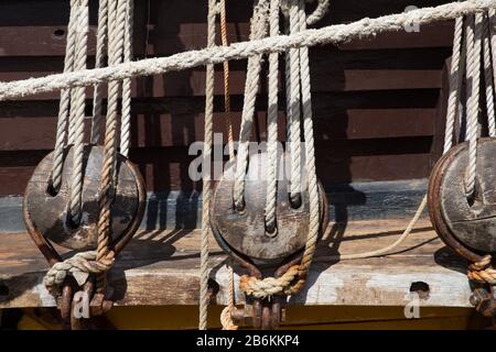 Details of Rig and Blocks on Old Sailing Ship Stock Photo - Alamy