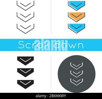 Three down arrows chalk white icon on black background. Vertical scrolling button. Downloading ...