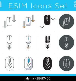 Scrolling down and uploading indicators black glyph icons set on white space. Arrows interface ...