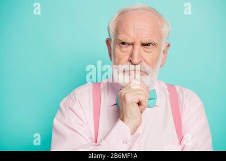 Photo of minded man wear stylish clothes look empty space dream new ...