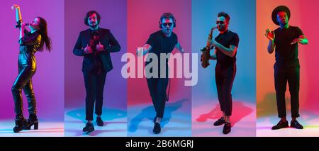 Collage of portraits of 5 young emotional talented musicians on ...