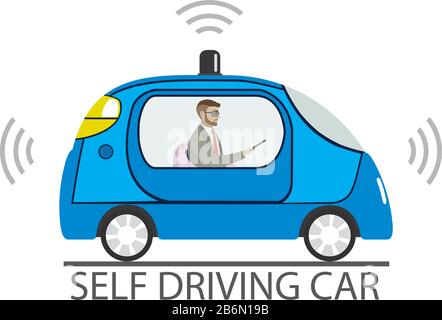 Self driving car with male passenger, Cartoon autonomous blue auto ...