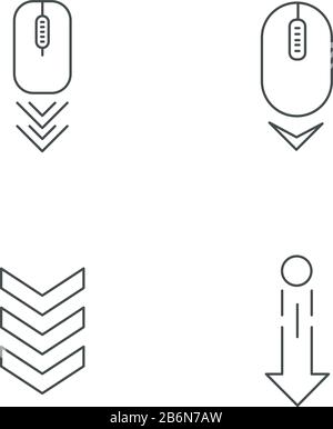 Scroll down buttons pixel perfect linear icons set. Web cursor. PC elements with arrowheads ...