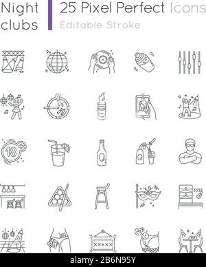 Clubbing pixel perfect linear icons set. Night club customizable thin ...