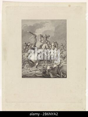 Print depicting a historical battle between cavalry and infantry in a ...