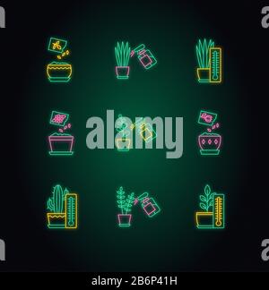 Domesticated plants neon light icons set. Houseplants. Indoor plants ...