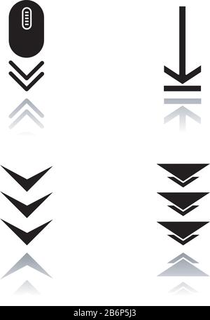 Scrolling down and uploading indicators black glyph icons set on white space. Arrows interface ...