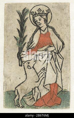 . Saint Agnes with a palm branch in her hand and a lamb for her. In the ...