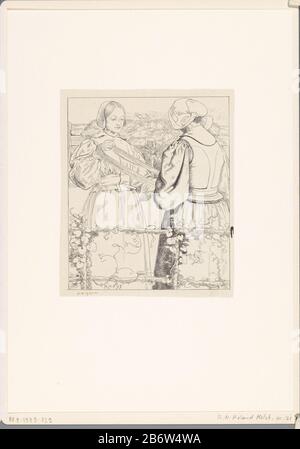 Two girls in Huizer costume wind yarn together in a garden. In the ...