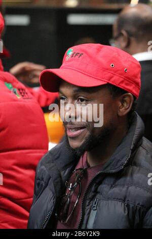 Economic Freedom spokesman Mbuyiseni Ndlozi speaks with supporters ...