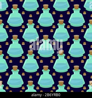 Cartoon set of blue elixir bottle with gas cloud puff effect isolated ...