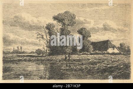 Landschap met sloot en boerderij.A river with two figures on the ...