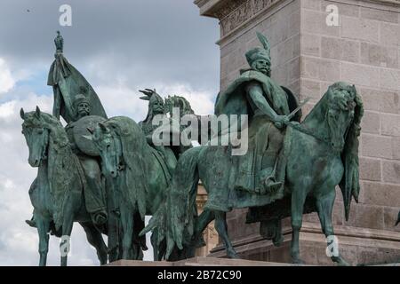 Statues of prominent Hungarian Magyars or Chieftains on the base of the ...