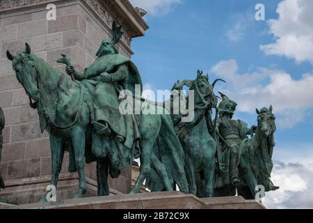 Statues of prominent Hungarian Magyars or Chieftains on the base of the ...