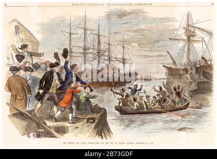 The Destruction of Tea at Boston Harbor, hand coloured engraving ...
