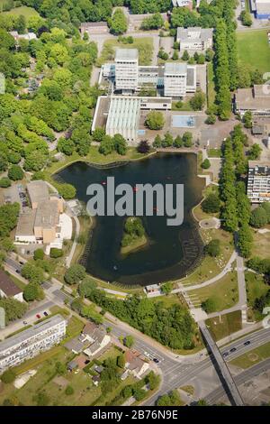 Aerial view, Marl city hall with the newly built lake Rathaussee, Marl ...