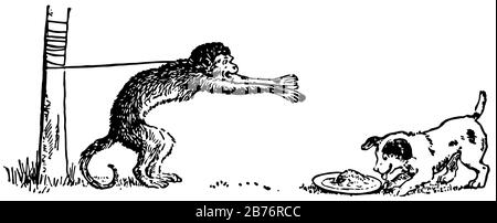 The monkey tied to wooden rod with rope, vintage line drawing or ...