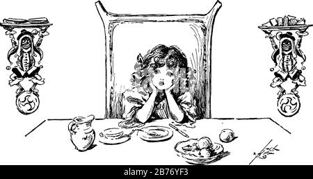 The picture depicts a small girl sitting on a little stool, and is sad ...