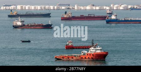 Ships in the Strait of Malacca at the huge oil refinery complex at ...