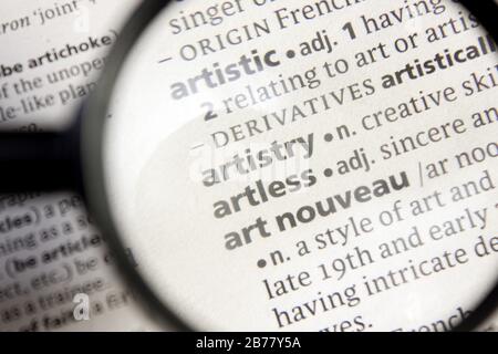 Artistry, artless and art nouveau word or phrase in a dictionary Stock ...