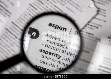 The word or phrase aspen in a dictionary book Stock Photo - Alamy