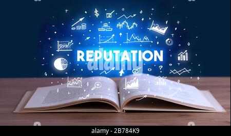 REPUTATION inscription coming out from an open book, business concept ...