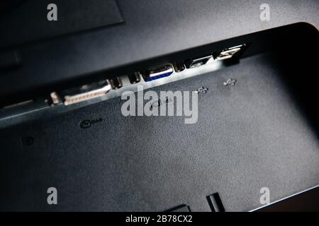 Rear port of modern LCD TFT mointor - Detail view of modern computer PC ...