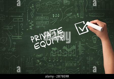 Hand drawing EQUITY inscription with white chalk on blackboard ...