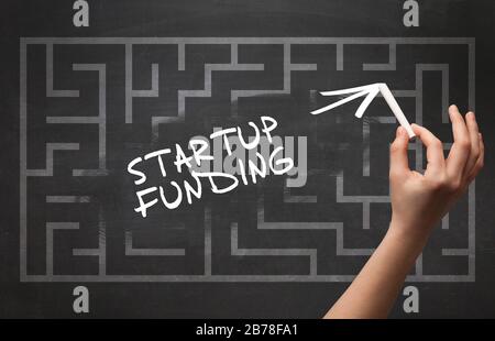 Hand drawing STARTUP FUNDING inscription with white chalk on blackboard ...