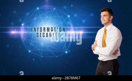Businessman thinking about security solutions with INFORMATION SECURITY ...