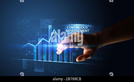 Hand touching CONTINUOUS IMPROVEMENT button, business concept Stock ...