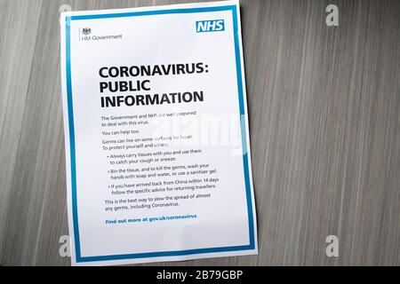 LONDON/ENGLAND – MARCH 14 2020: NHS CORONAVIRUS PUBLIC INFORMATION ...