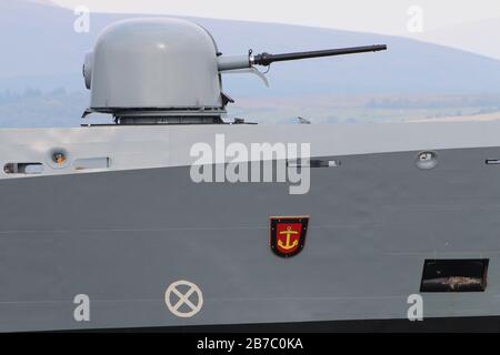 An OTO Melara (Otobreda) 76mm naval gun, the main weapon on FGS ...