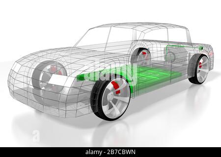 Electric vehicle body and frame isolated on white background. 3D ...