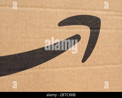 SEATTLE, USA - CIRCA JANUARY 2020: Amazon sign on cardboard packet ...