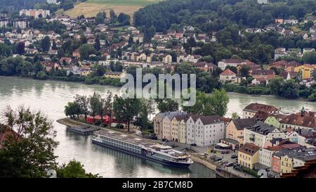 PASSAU, GERMANY - JULY12, 2019: The confluence of the River Inn and the ...