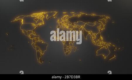 dark world map with elevated countries and glowing high energy borders ...